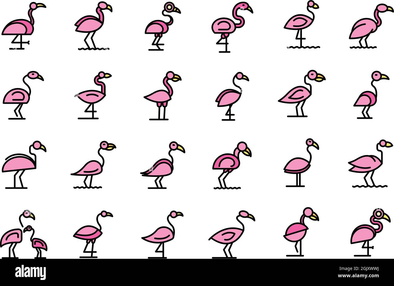 Flamingo-Symbole gesetzt. Umriss Satz von Flamingo Vektor-Symbole dünne ...