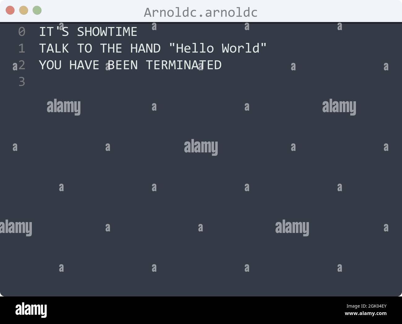 Arnoldc Sprache Hello World Programmbeispiel in Editor-Fenster Illustration Stock-Vektorgrafik ...