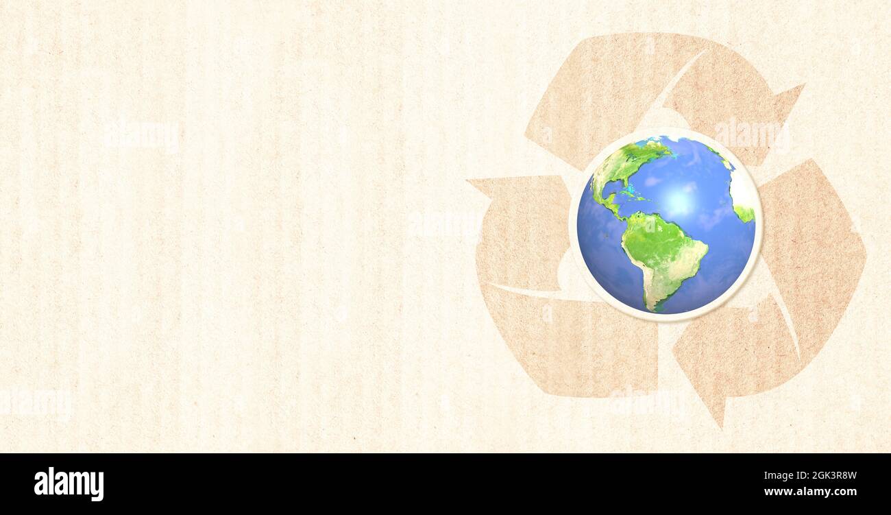 3d-Planet Erde und Pfeile recyceln Symbol auf gestreiften Karton Textur ...