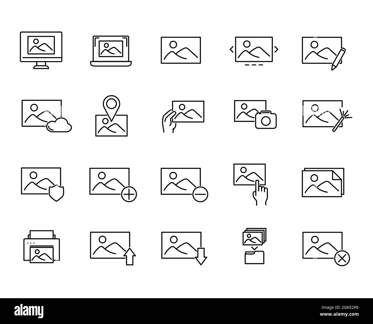 Satz Bildsymbole. Flaches Piktogramm für Web. Linienhub. Einfaches Foto ...