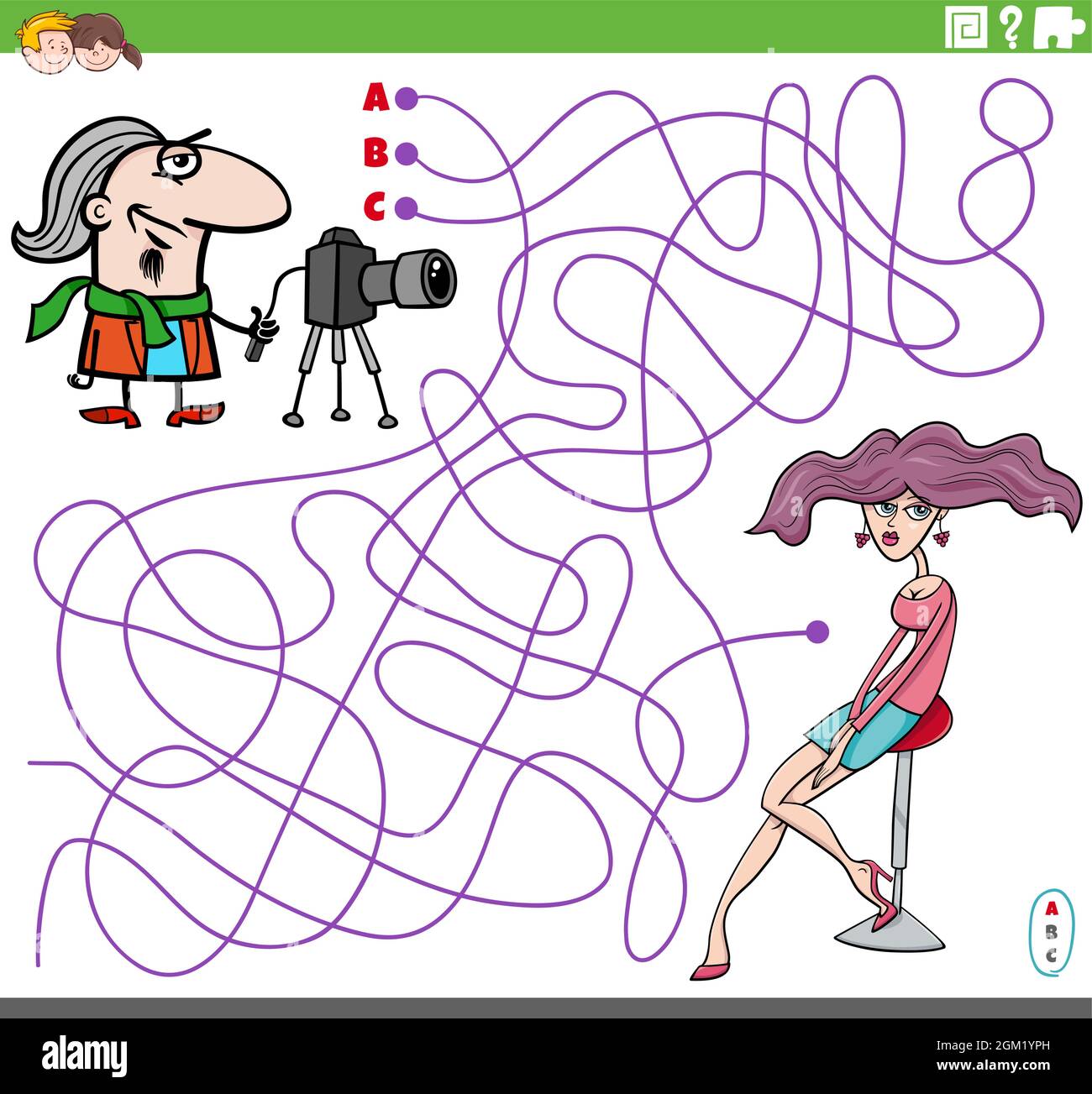 Cartoon Illustration von Linien Labyrinth Puzzle-Spiel mit Fotograf ...