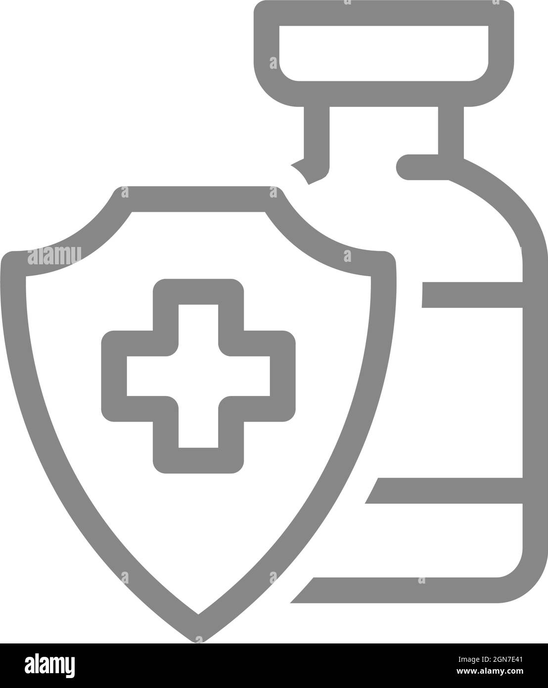 Medizinische Ampulle und Schild mit Kreuzmarkensymbol. Impfung, Serum ...