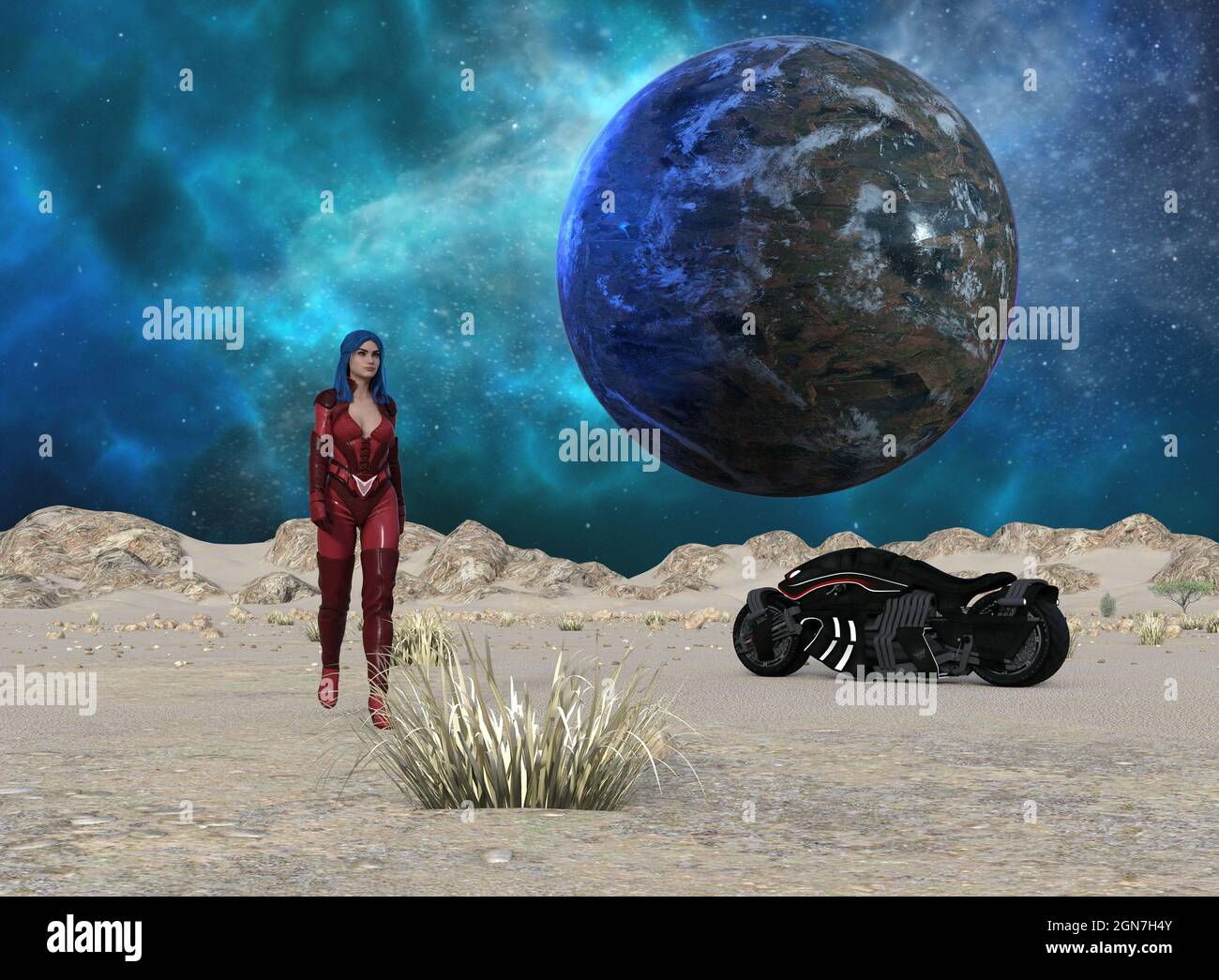 3d-Illustration einer Frau und eines Motorrads auf einer kargen Welt ...