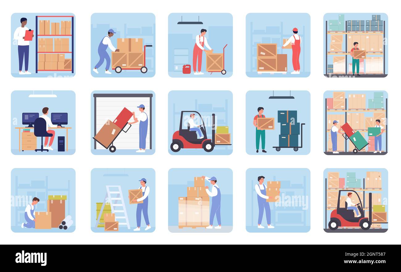 Die Menschen arbeiten im Lager, logistische Service-Set Vektor ...