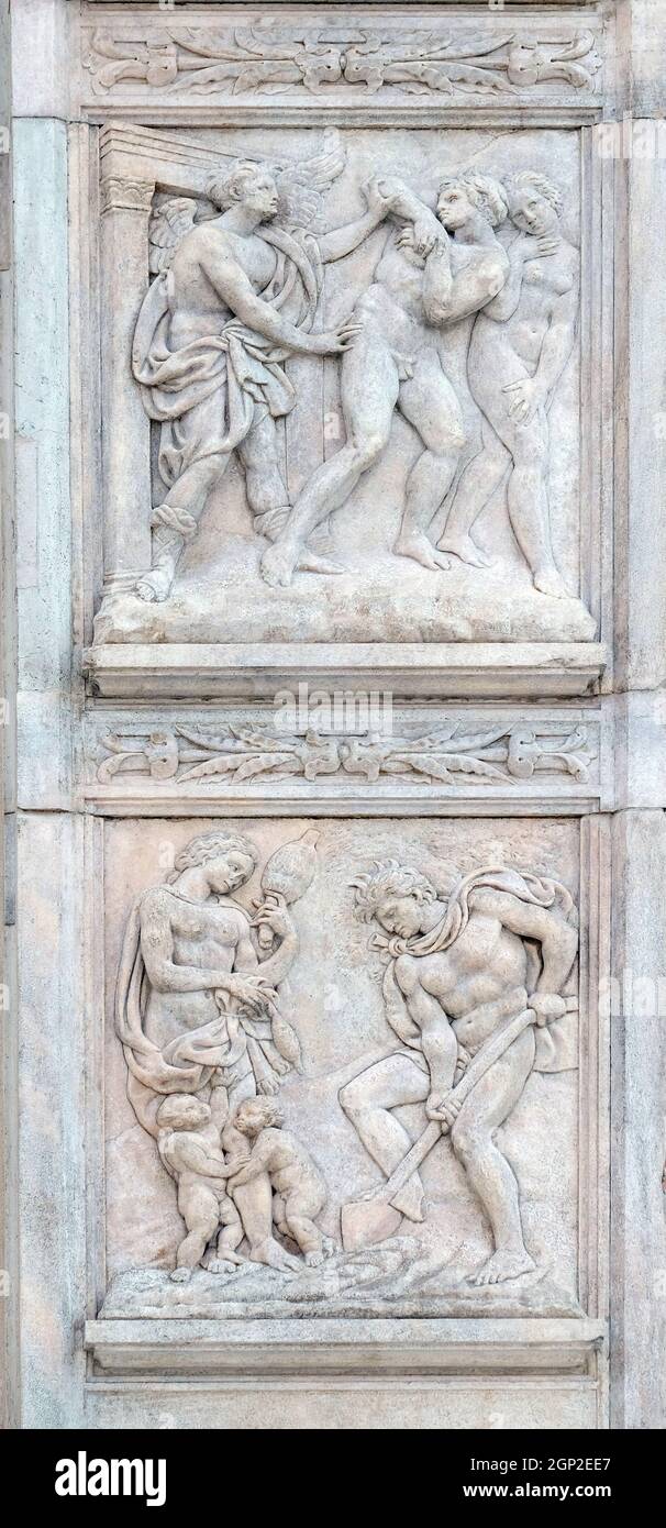 Vertreibung aus dem Paradies nach oben, das Werk von Adam und Eva nach unten, Tafel von Jacopo ...