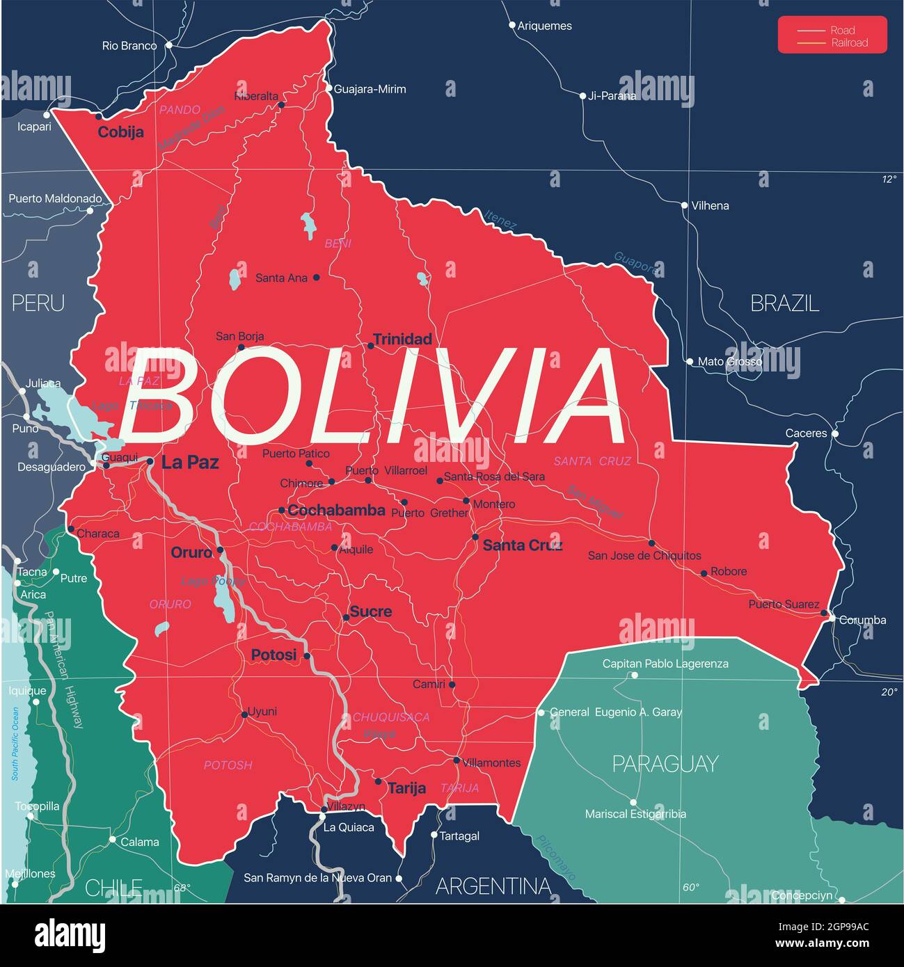 Bolivien Land detaillierte editierbare Karte mit Regionen Städte und ...