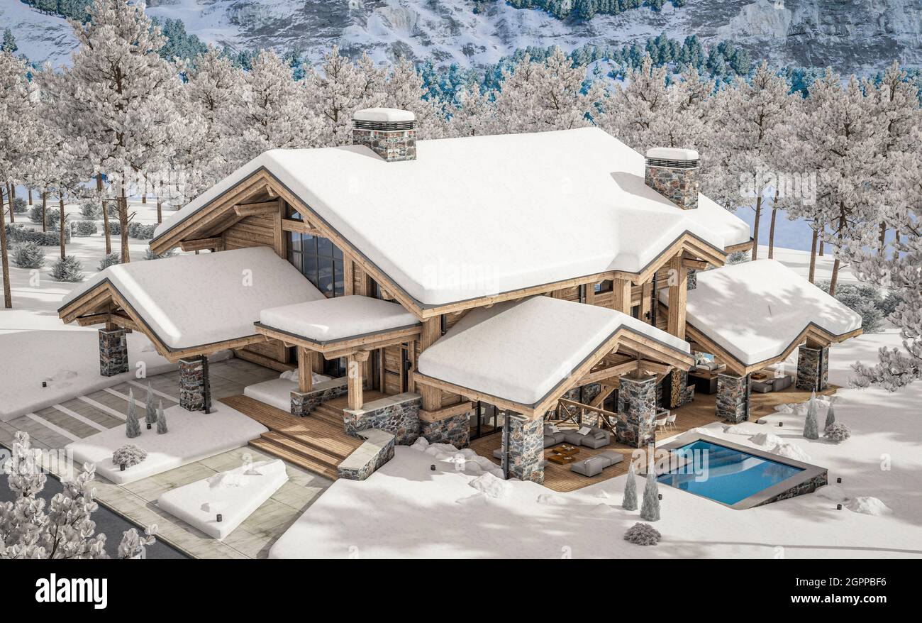 3d-Rendering von modernen gemütlichen Chalet mit Pool und Parkplatz zum Verkauf oder zur Miete ...