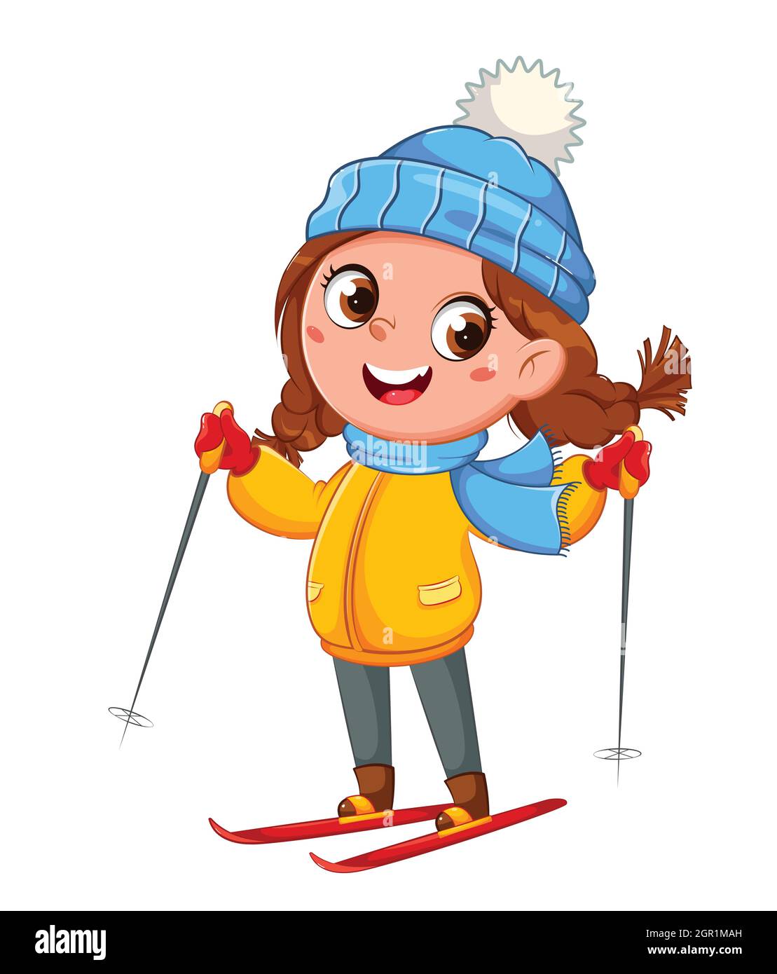 Kinder Skifahren Nette Skifahrer Mädchen Cartoon Figur Wintersport Hallo Winterkonzept