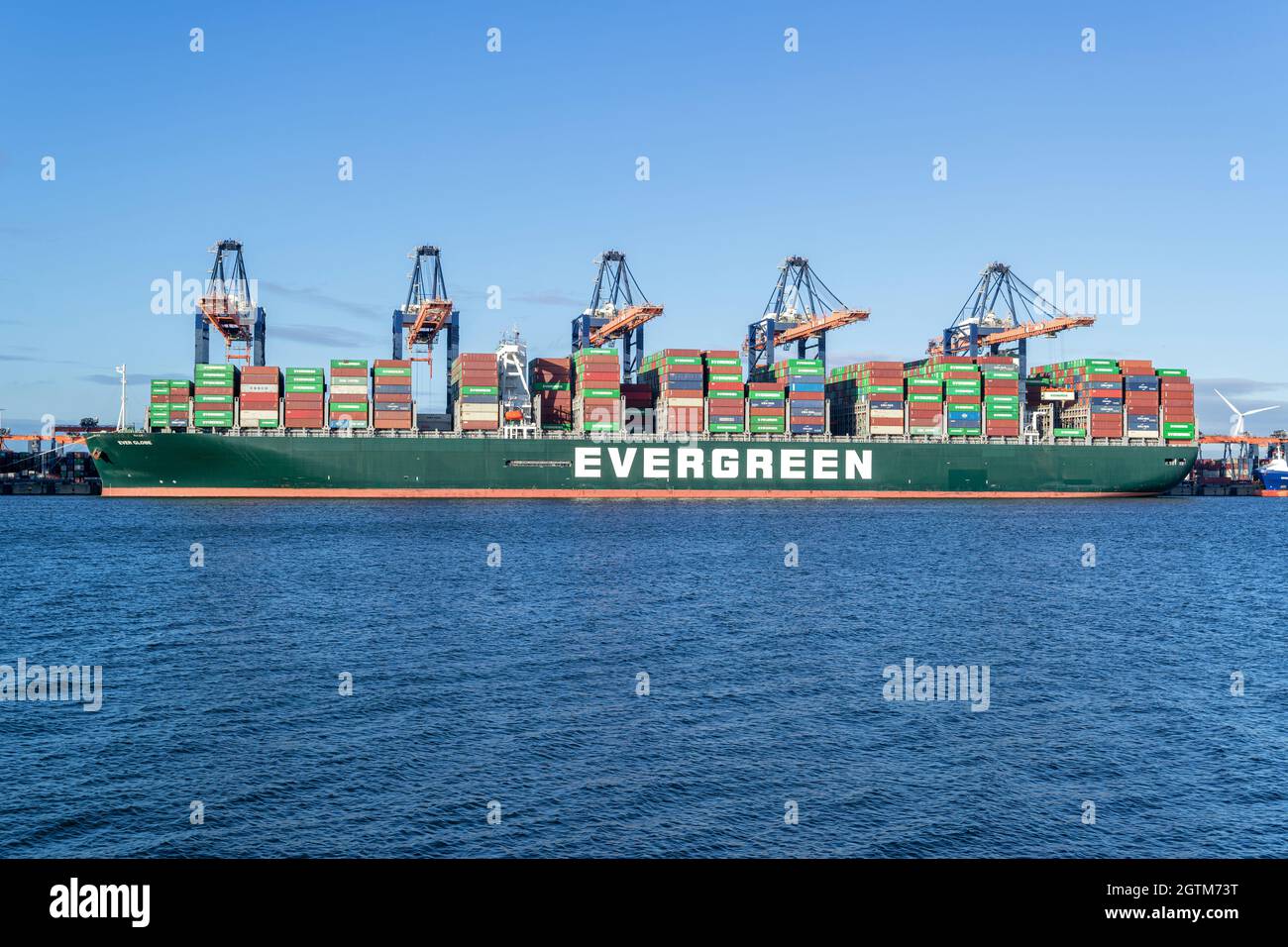 Das Containerschiff „EVER GLOBE“ vertäute am Euromax Terminal ...