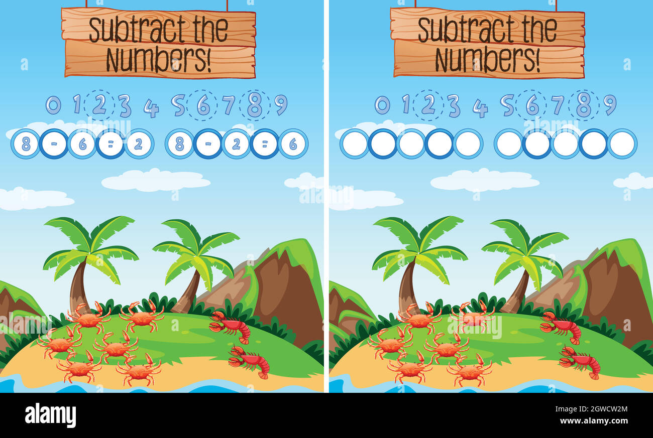 Ein Arbeitsblatt zur mathematischen Subtraktion Stock-Vektorgrafik - Alamy