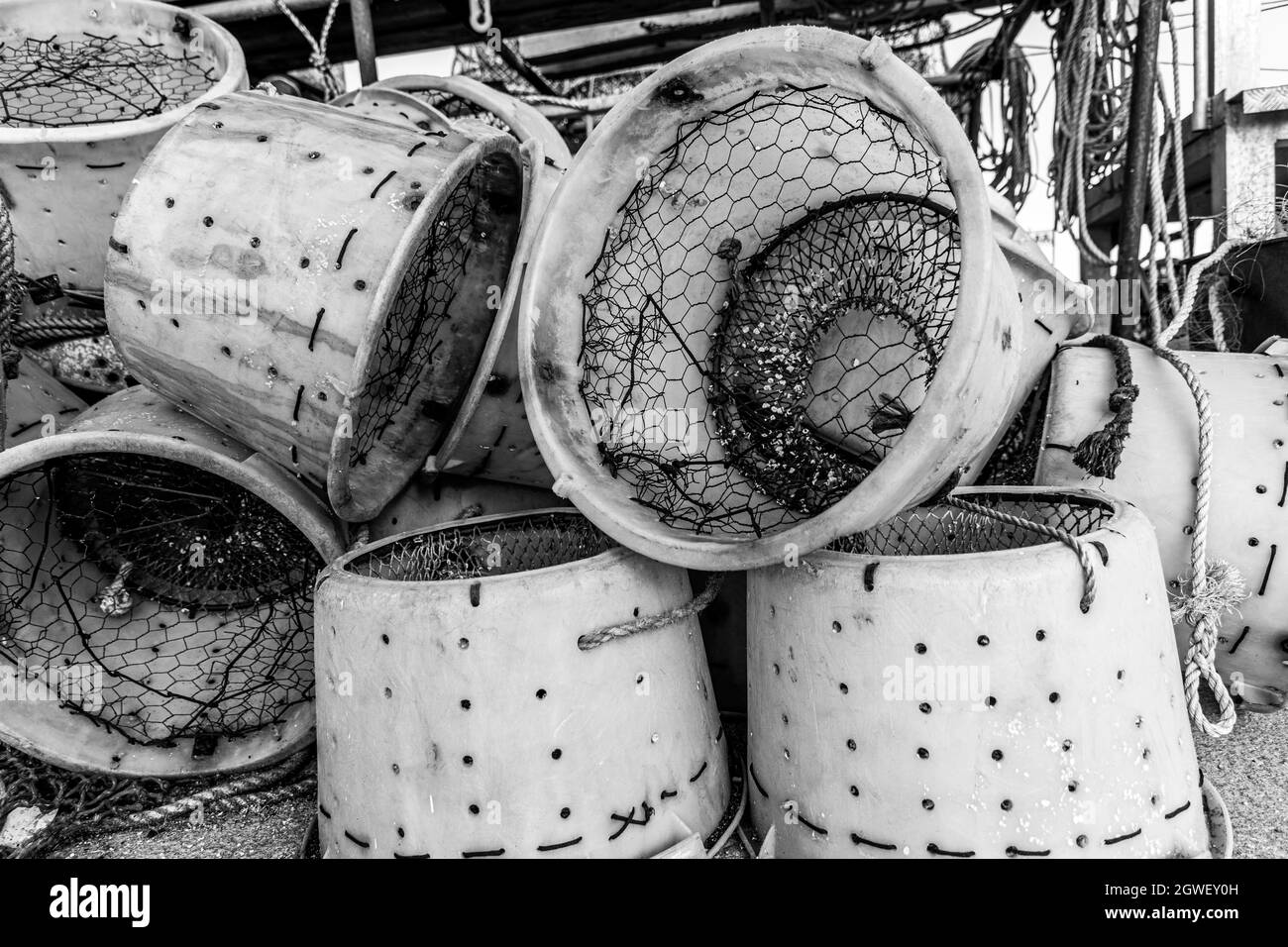 Hummer und Krabben Töpfe und Seile Nahaufnahme Low-Level-Ansicht für ...