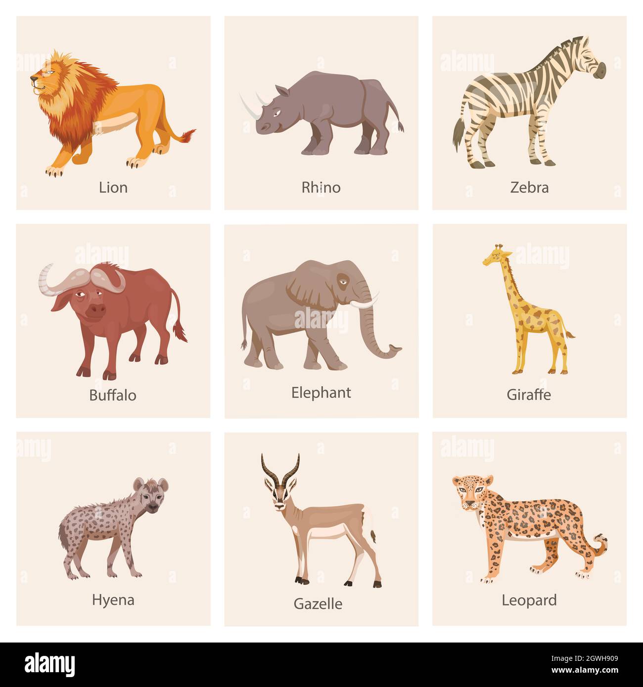 Afrikanische Savannah Wild Animal Set. Löwe, Nashorn, Zebra, Büffel ...