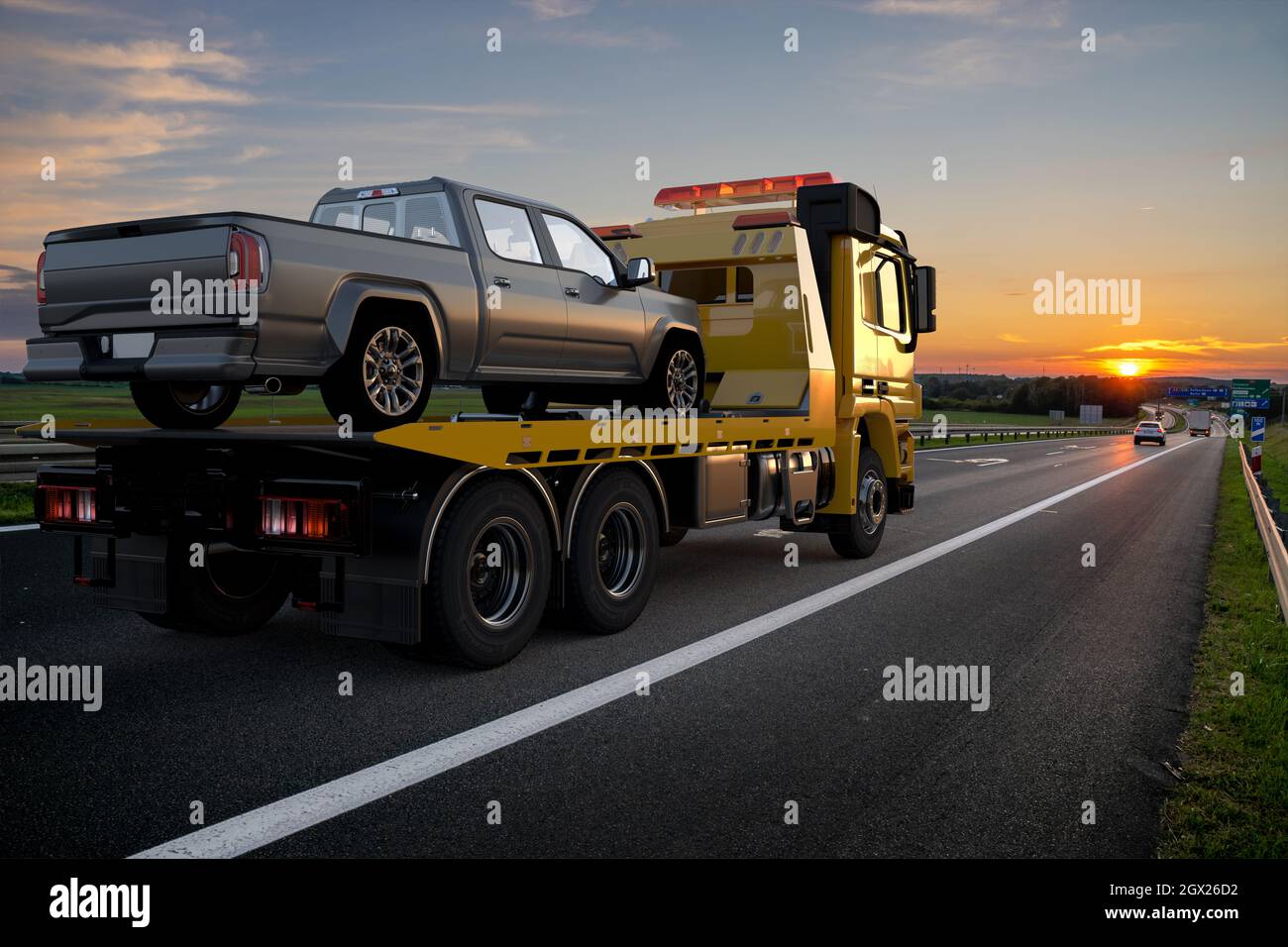 Abschleppwagen mit kaputten Auto auf Road.Tow Car und Pickup Truck sind ...