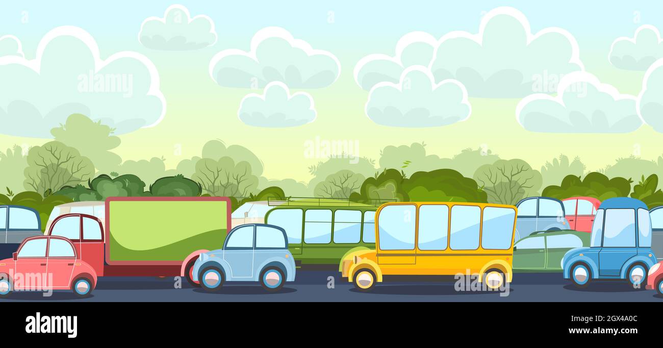 Starker Verkehr auf der Straße. Nahtlose horizontale Cartoon ...