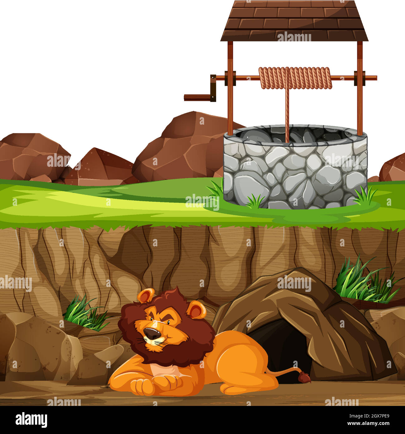 Löwe in liegend Pose in Tierpark Cartoon-Stil auf Höhle und gut ...