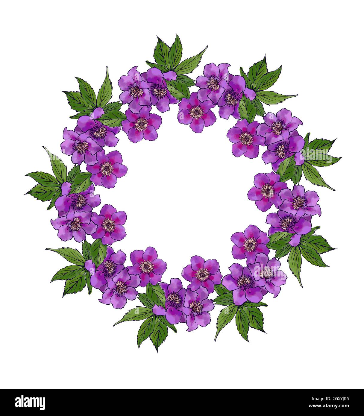 Kranz aus Aquarell-Blumen handbemalt. Runder Rahmen für Einladung, Hochzeit, Geburtstagskarte ...