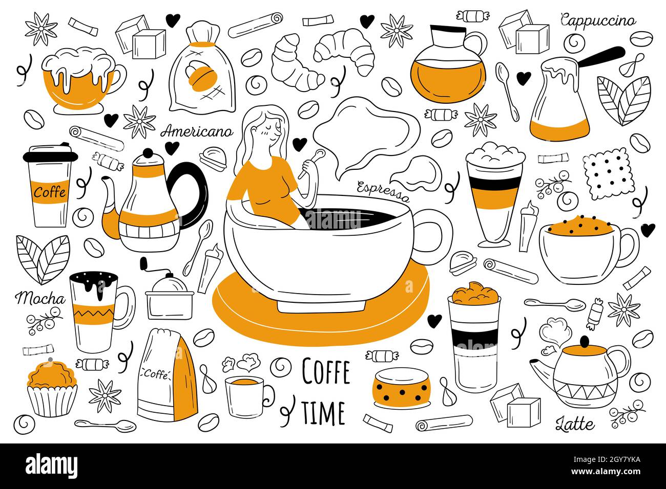 Kaffee Zeit Doodle eingestellt. Sammlung von handgezeichneten Skizzen ...