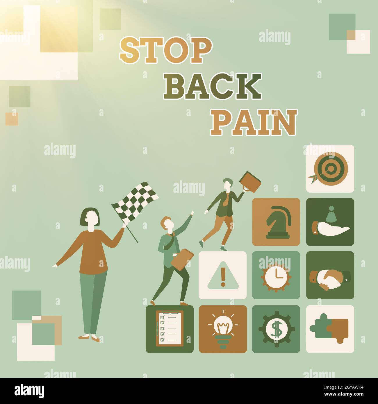 Schild mit Stop Back Pain, Business Showcase Schluss mit den Schmerzen ...