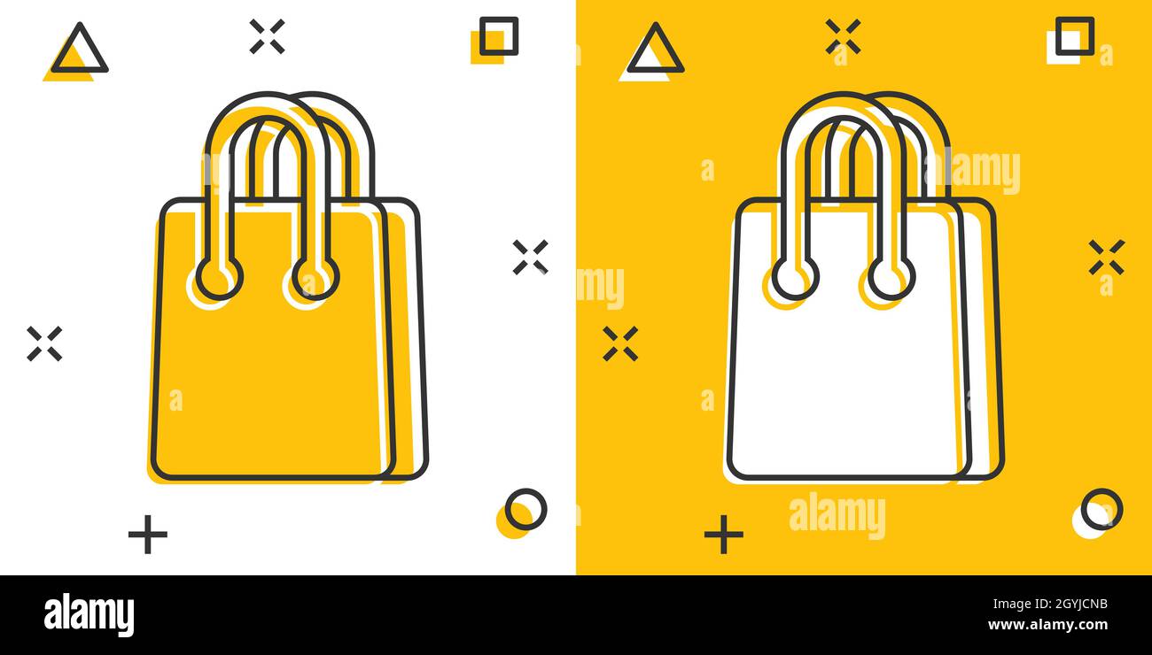 Einkaufstasche-Ikone im Comic-Stil. Handtasche Cartoon Zeichen Vektor ...