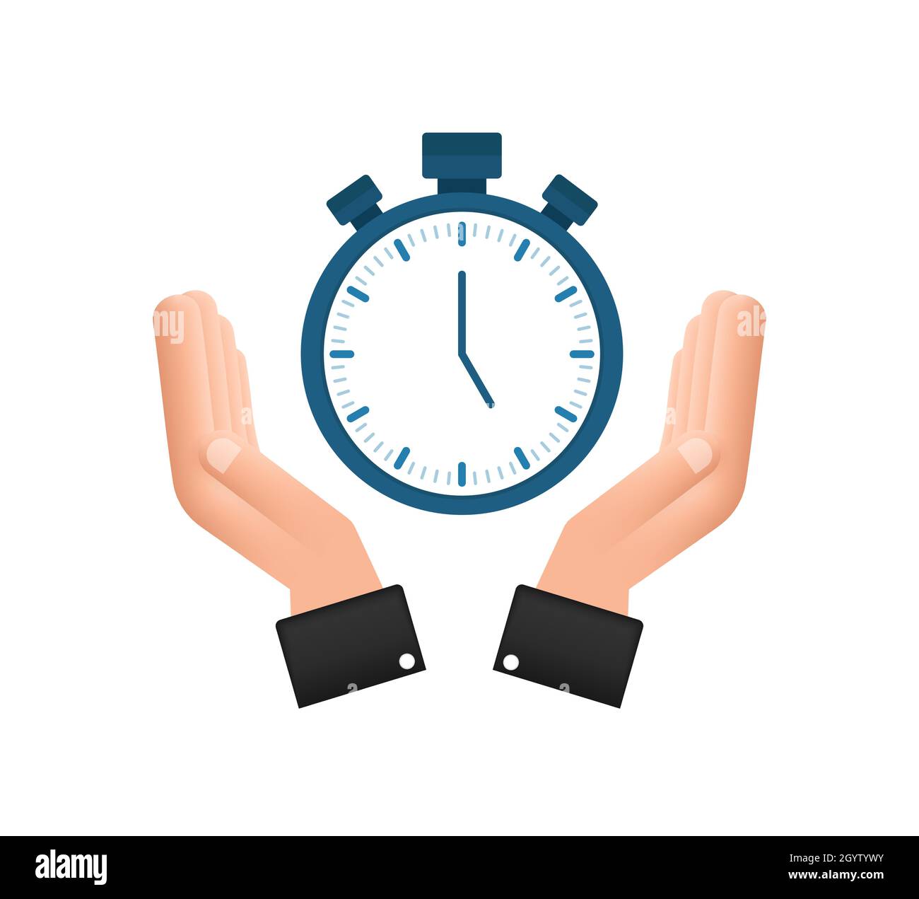 Timer in Händen auf weißem Hintergrund. Flaches Symbol mit Timer ...