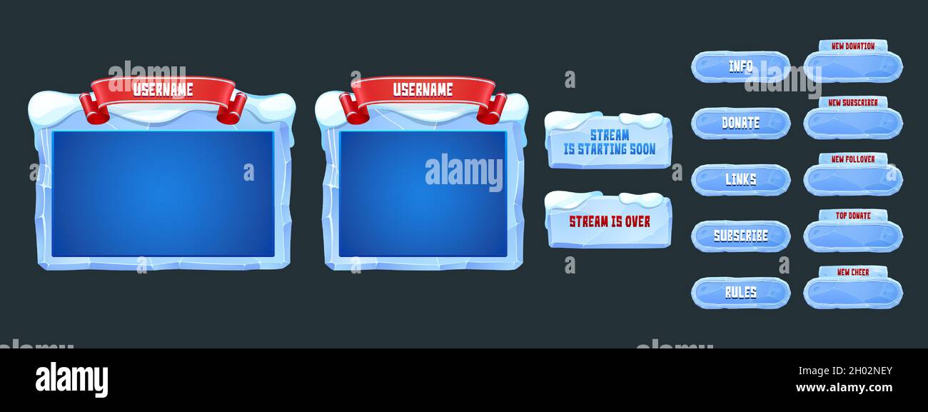 Game Streaming Overlay-Panels und Knöpfe mit Eis-Textur und Schnee ...