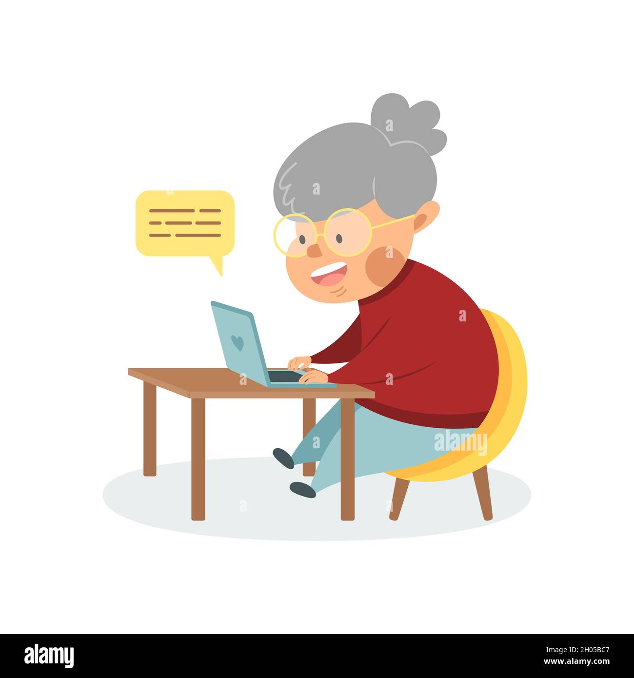 Glückliche Oma mit Laptop. Nette Cartoon-Großmutter sitzt an einem ...