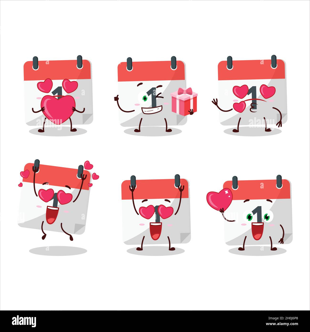 1. Kalender Cartoon-Figur mit Liebe niedlichen Emoticon. Vektorgrafik ...