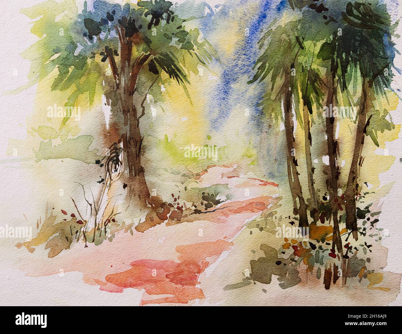 Palmen Aquarellmalerei, Straße geht in den Rahmen, indische ...