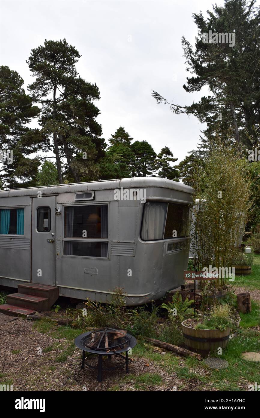 Das Äußere eines Spartan Manor Anhängers aus den 1950er Jahren, Sou'wester Historic Lodge ...