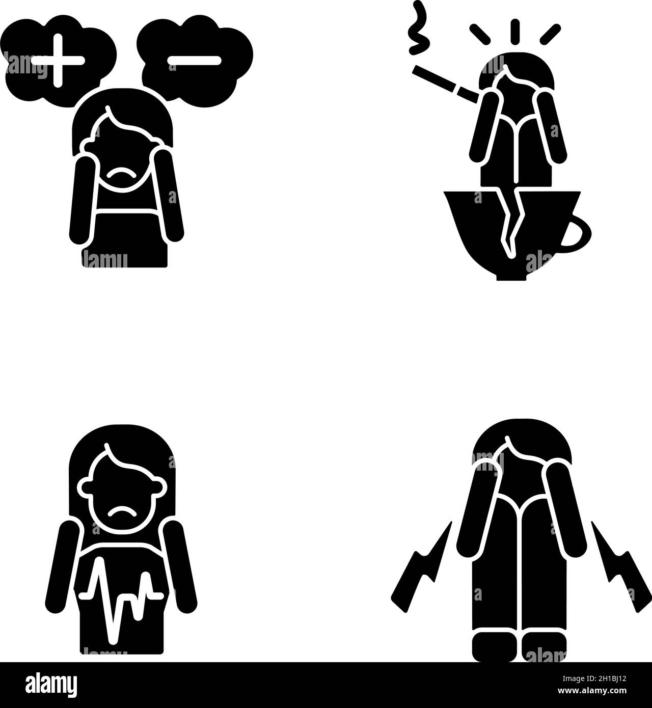 Physische Symptome von Angst schwarze Glyphen-Symbole auf weißem Raum ...