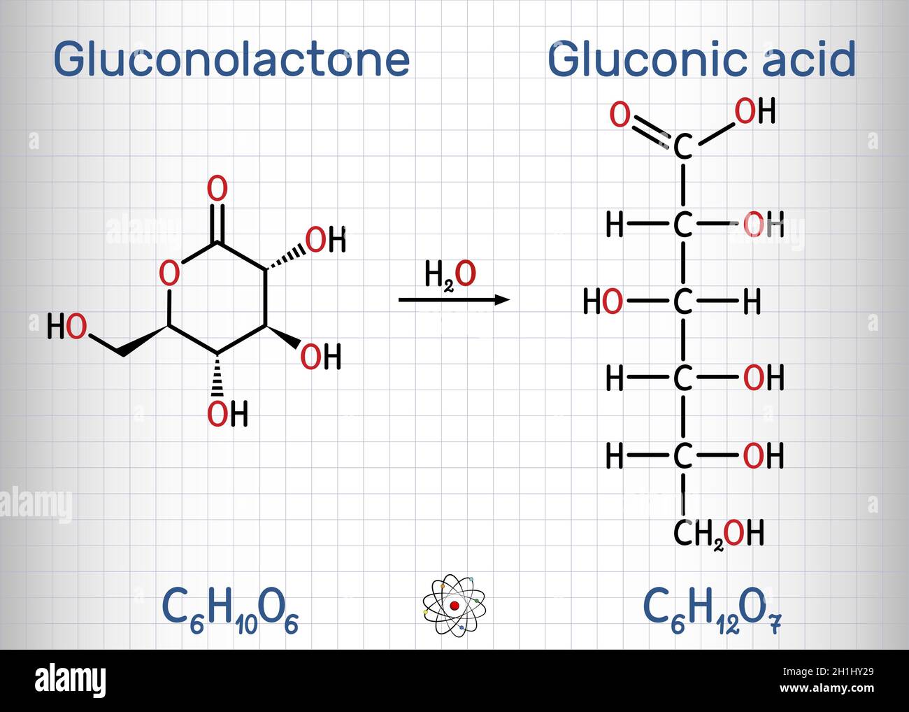 Glucono-Delta-Lacton (Gluconolacton, GDL) und Gluconsäure-Molekül. Es ...