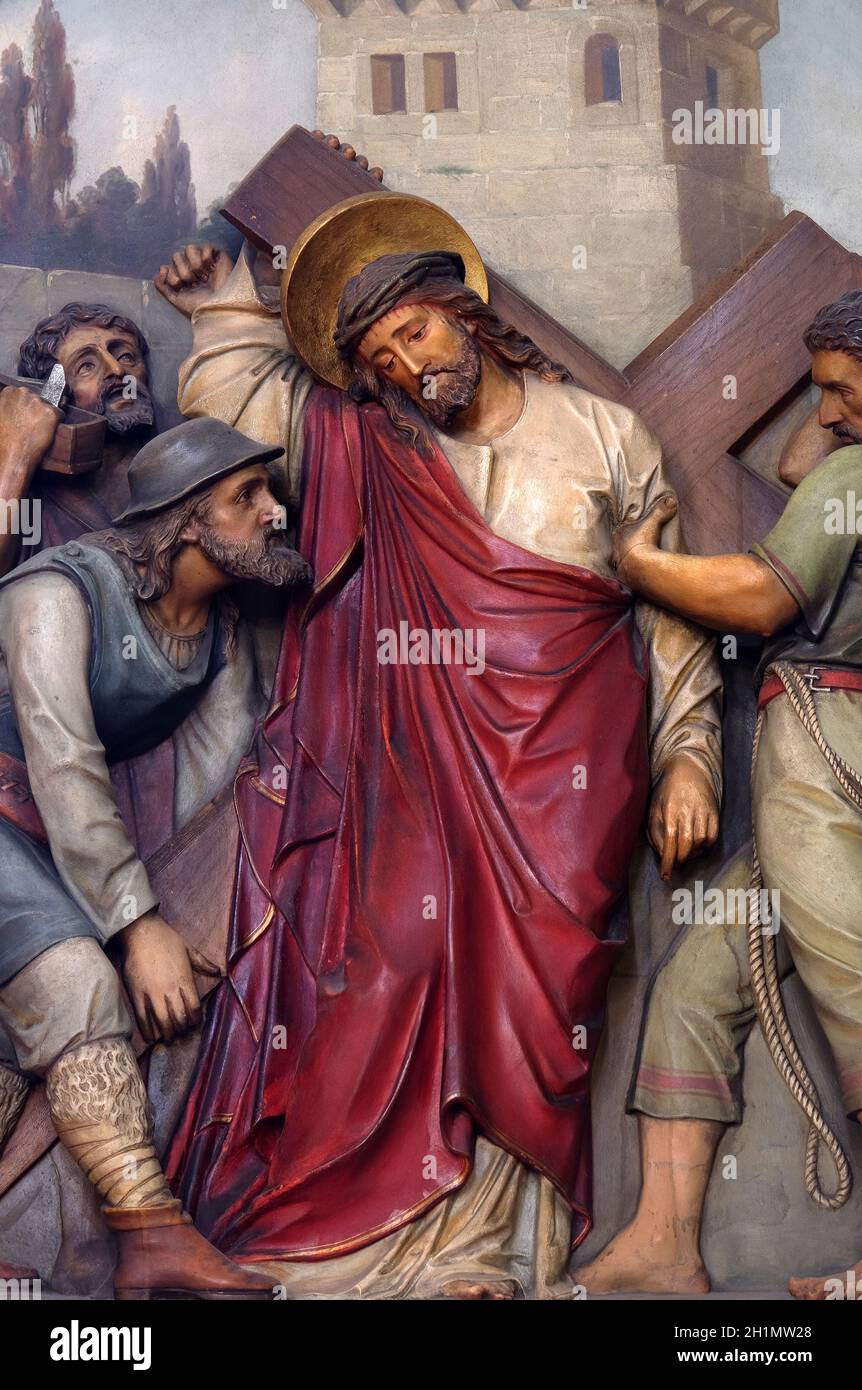 5. den Kreuzweg, Simon von Cyrene trägt das Kreuz, Basilika des Heiligen Herzens Jesu in Zagreb ...