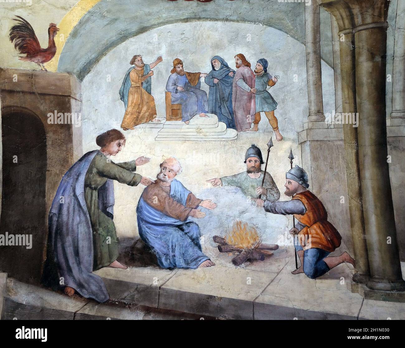 Petrus verleugnet Jesus, bevor der Hahn dreimal kräht, Fresko in der ...