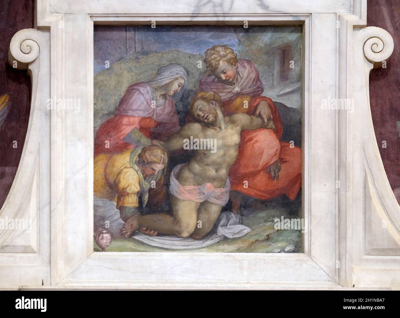Das Grab von Michelangelo (Detail). Pieta Fresko von Giovanni Battista Naldini, die Basilika von ...