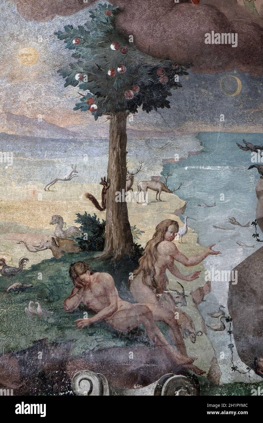 Adam und Eva im Garten Eden, Fresken an der Decke der Hl. Johannes der Täufer Kirche in Zagreb ...