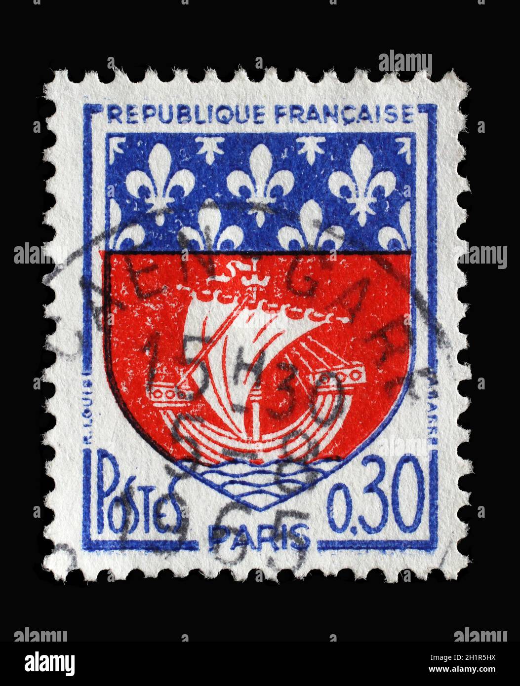 Die in Frankreich gedruckte Briefmarke zeigt das Wappen von Paris, um ...