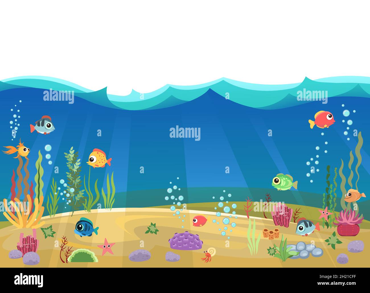 Boden des Reservoirs mit Fisch. Isoliert. Blaues Wasser. Meer ...