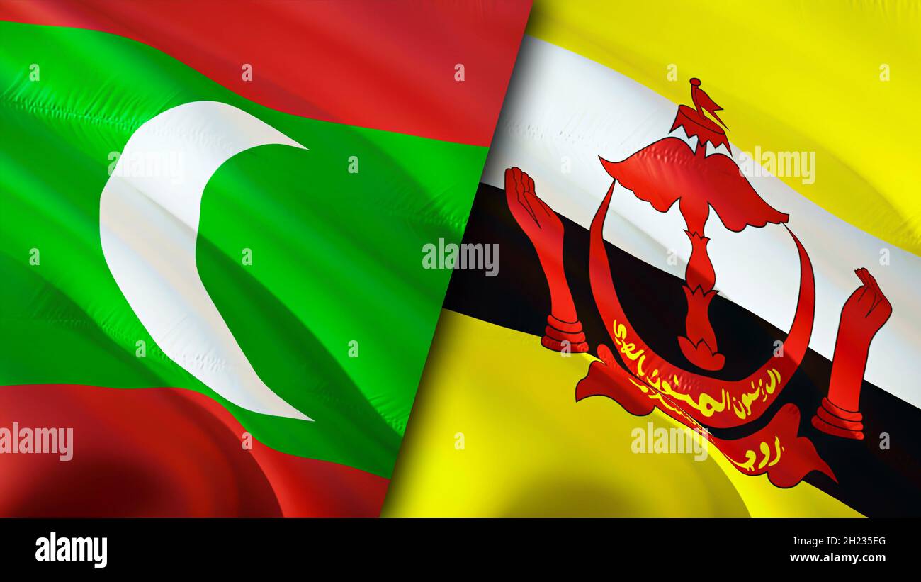 Flaggen der Malediven und Brunei. 3D-Design mit winkender Flagge ...