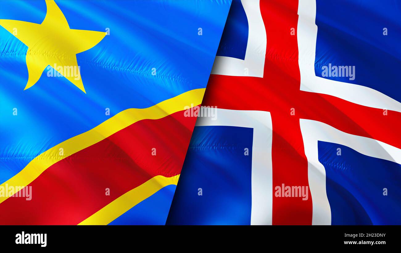 DR Kongo und Island Flaggen. 3D-Design mit winkender Flagge. Island DR ...