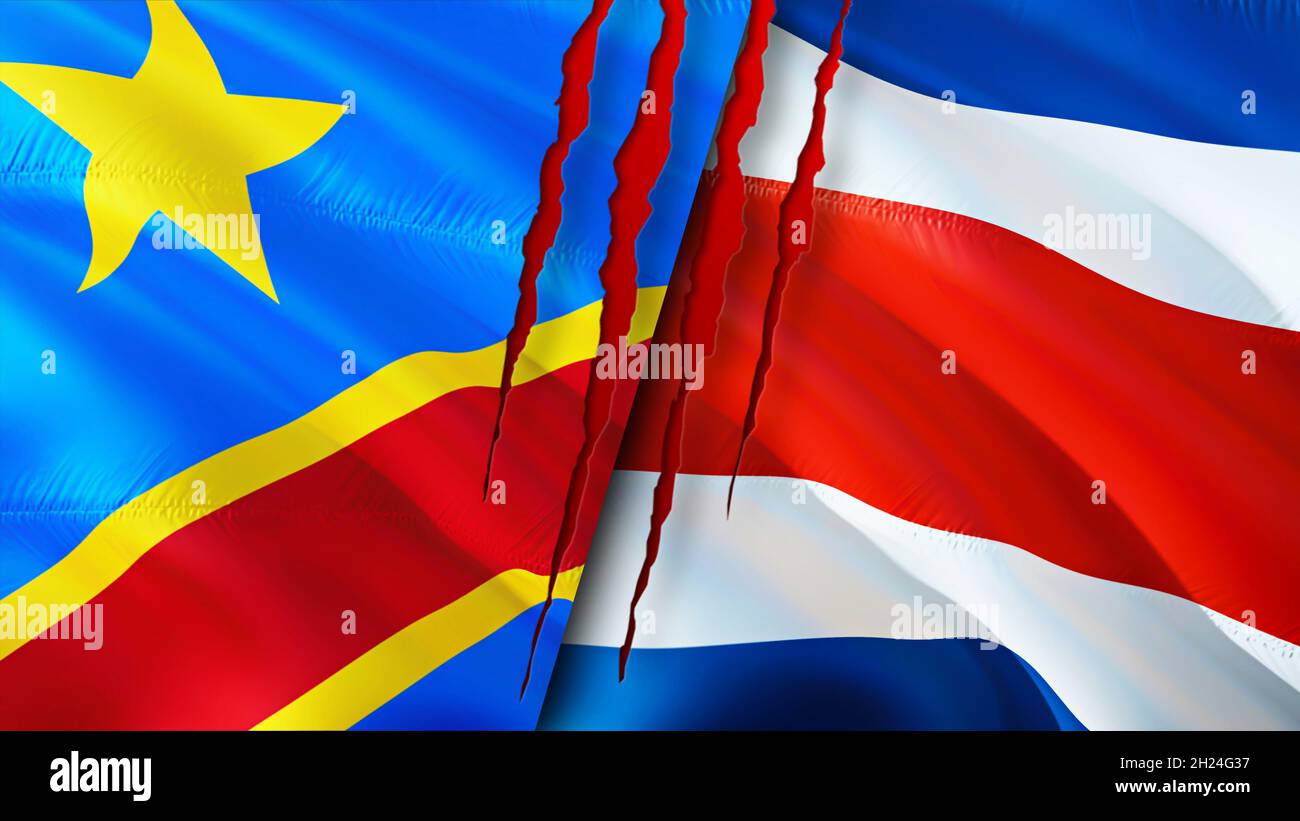 DR Kongo und Costa Rica Flaggen mit Narbenkonzept. Winkende Flagge, 3D ...