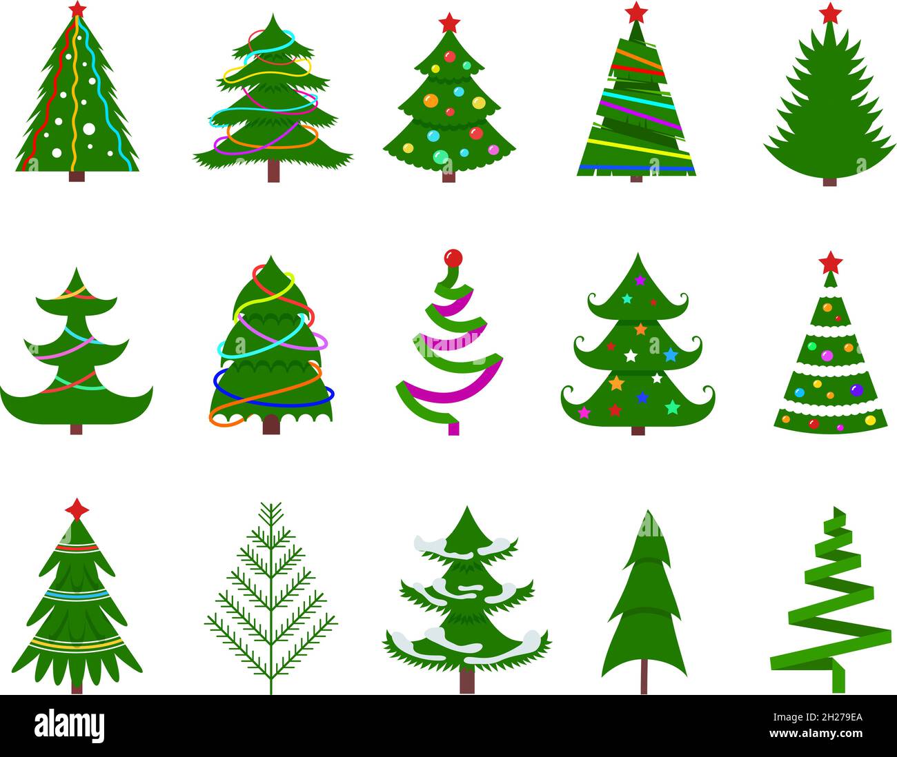 Isolierter flacher weihnachtsbaum. Grafik grüne Bäume, verschiedene ...