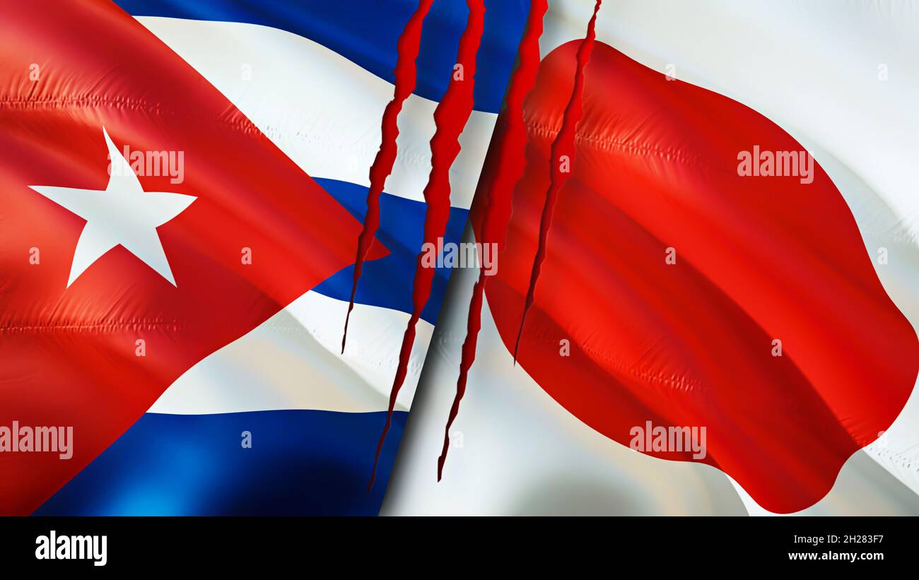 Kuba und Japan Flaggen mit Narbenkonzept. 3D-Rendering mit schwenkender ...