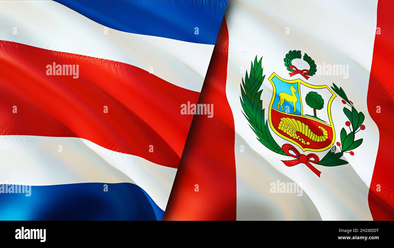 Costa Rica und Peru Flaggen. 3D-Design mit winkender Flagge. Costa Rica ...