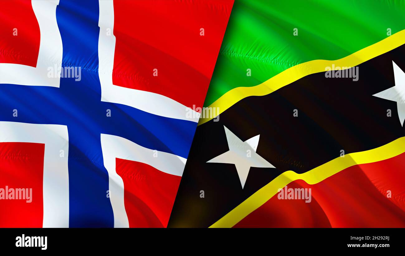 Norwegen und St. Kitts und Nevis Flaggen. 3D-Design mit winkender ...