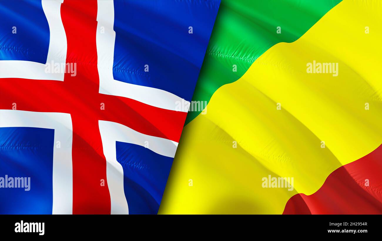 Island und Kongo Flaggen. 3D-Design mit winkender Flagge. Kongo Island ...