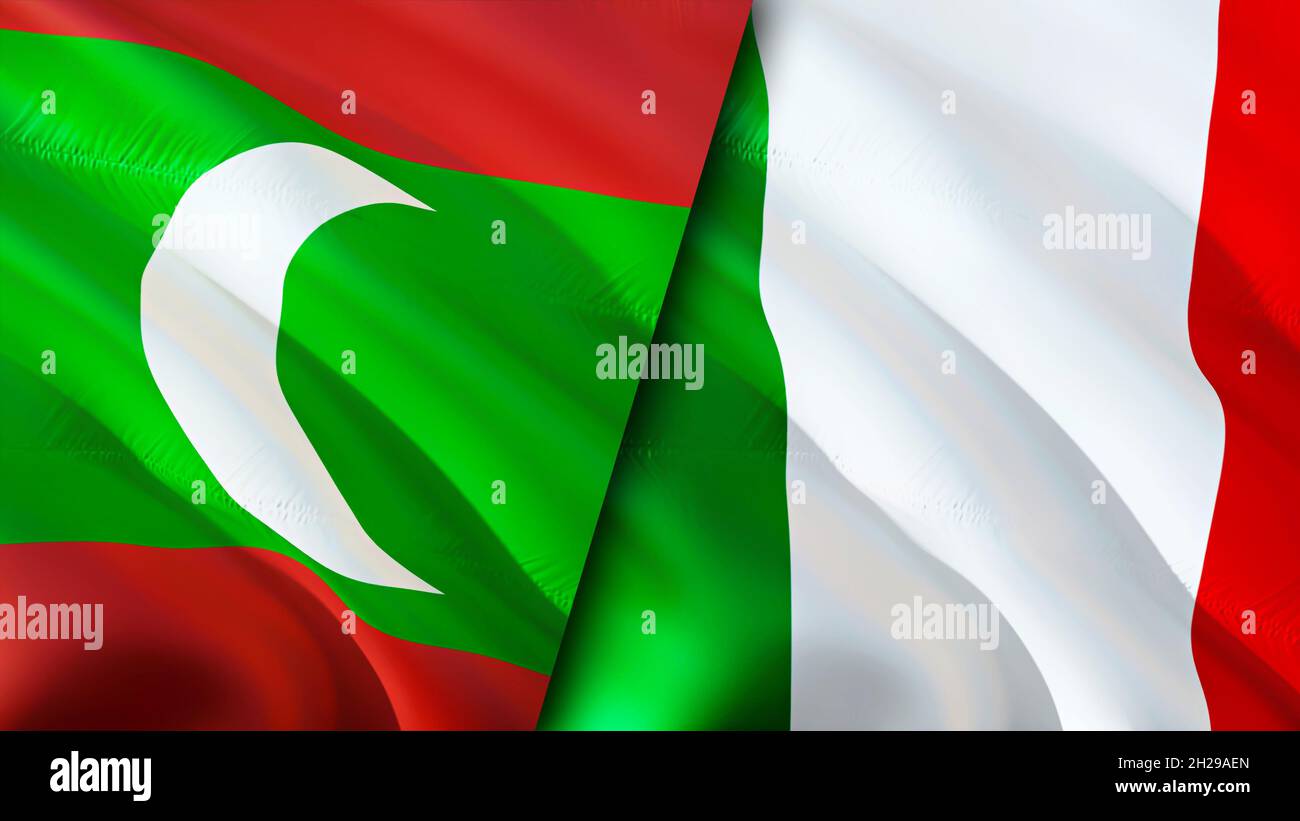 Flaggen der Malediven und Italiens. 3D-Design mit winkender Flagge ...