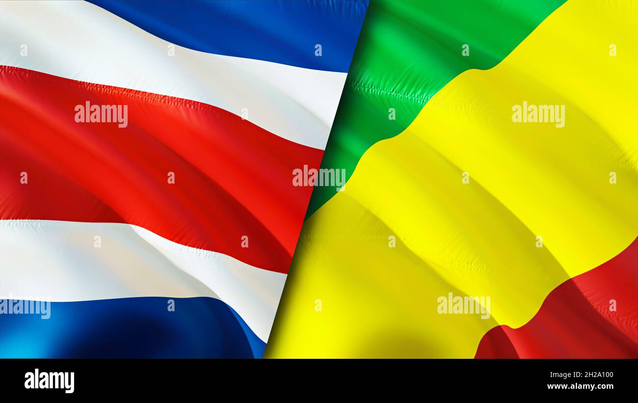 Costa Rica und Kongo Flaggen. 3D-Design mit winkender Flagge. Costa ...