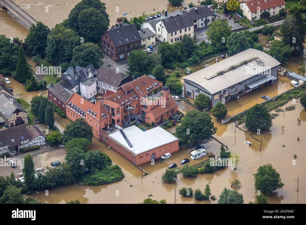 Luftaufnahme, Ruhrflut, Hochwasser, Heven, Witten, Ruhrgebiet ...