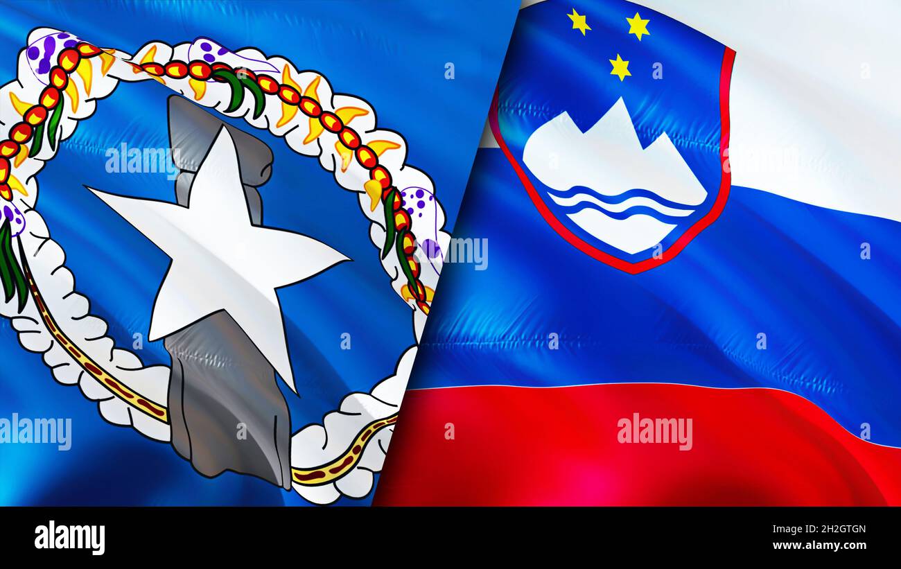 Marianen und Slowenien Flaggen. 3D-Design mit winkender Flagge ...