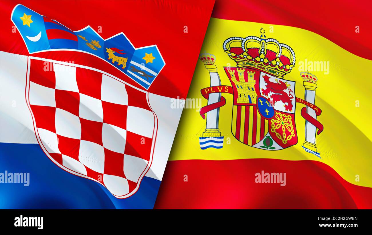 Flagge Kroatiens und Spaniens. 3D-Design mit winkender Flagge. Spanien ... Flagge Kroatiens und Spaniens. 3D-Design mit winkender Flagge. Spanien ...